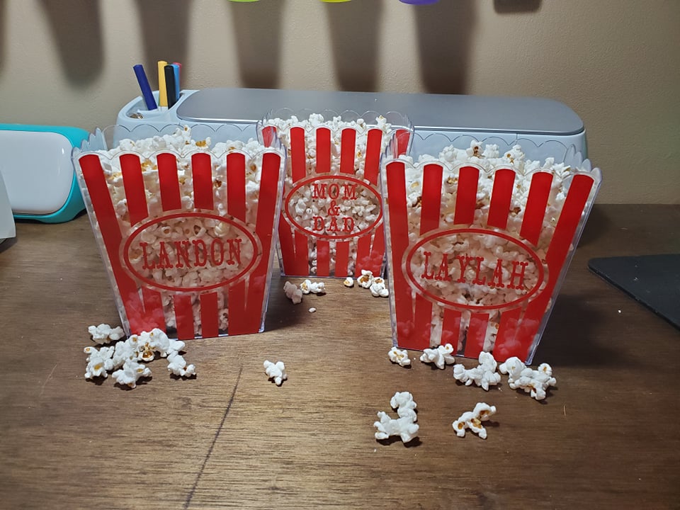 Personalized Popcorn Buckets with Cricut Vinyl — Craft-e-Corner
